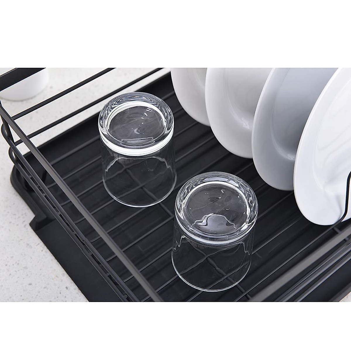 Popity home Dish Drying Rack, Large Kitchen Dish Drying Rack, Metal Dish Rack, Drying Rack with Black Drainboard, Spoons and Knives Storage Box