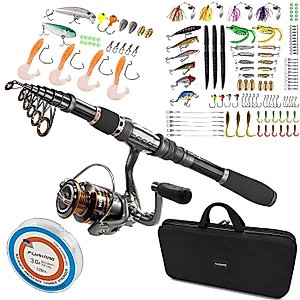PLUSINNO Telescopic Fishing Rod and Reel Combo, 102Pcs Fishing Lures Baits Tackle