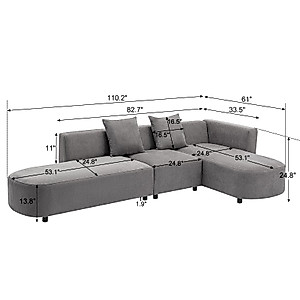 CALABASH Modern L Shaped U Style Seat Couch, Left Facing Sectional Modular Sofa, Convertible Upholstered 3-5 Seater Couches with 2 Pillows for Living Room, Bedroom, Office(Grey, 3 Seater Sofa)