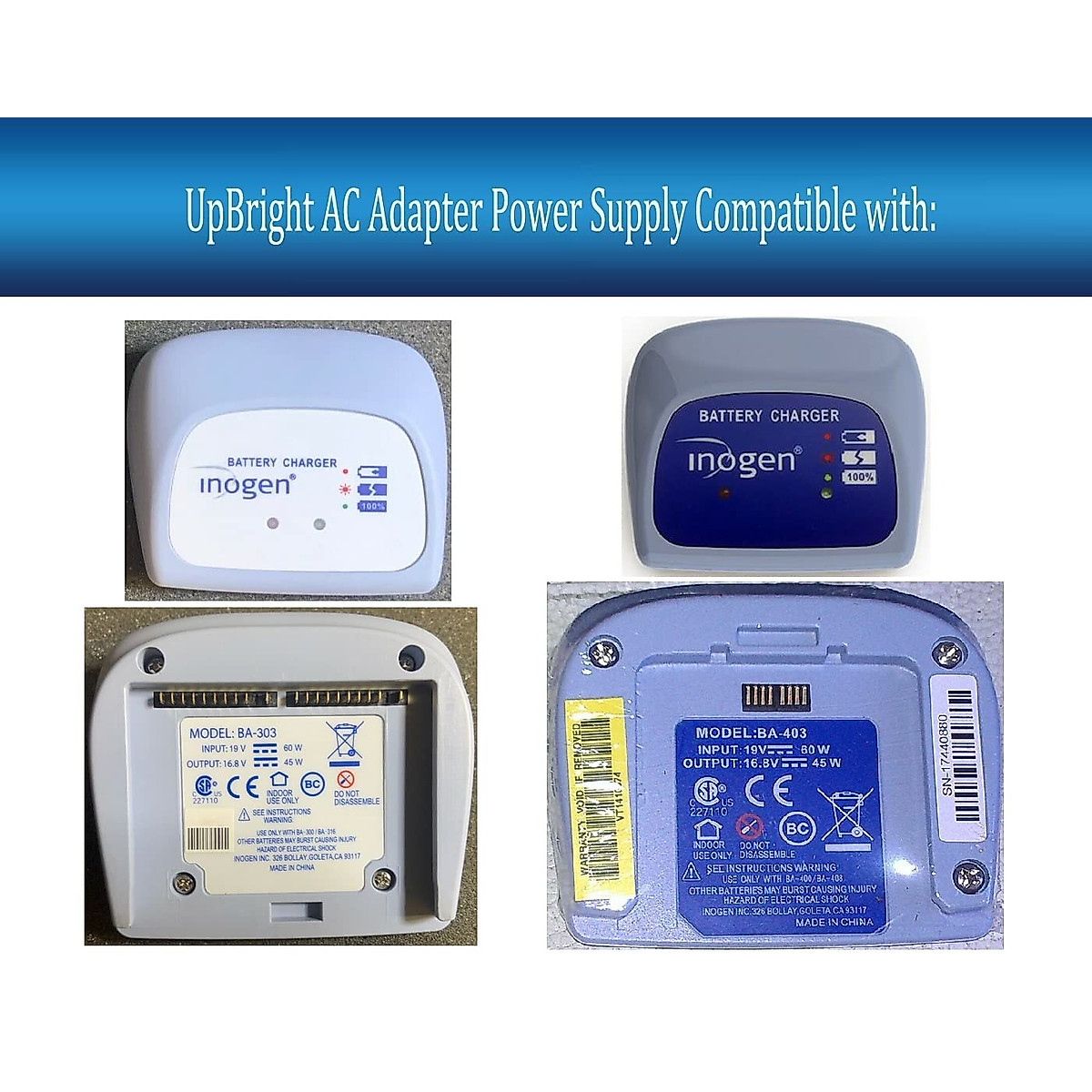 UpBright 19V 60W AC/DC Adapter Compatible with Inogen Battery Charger BA-303 BA303 BA-403 BA403 16.8V 45W (for BA-300 BA-316 Li-Ion BA-400 BA-408) CWT KPL-060K-VI KPL-060K-V1 19VDC 3.16A Power Supply
