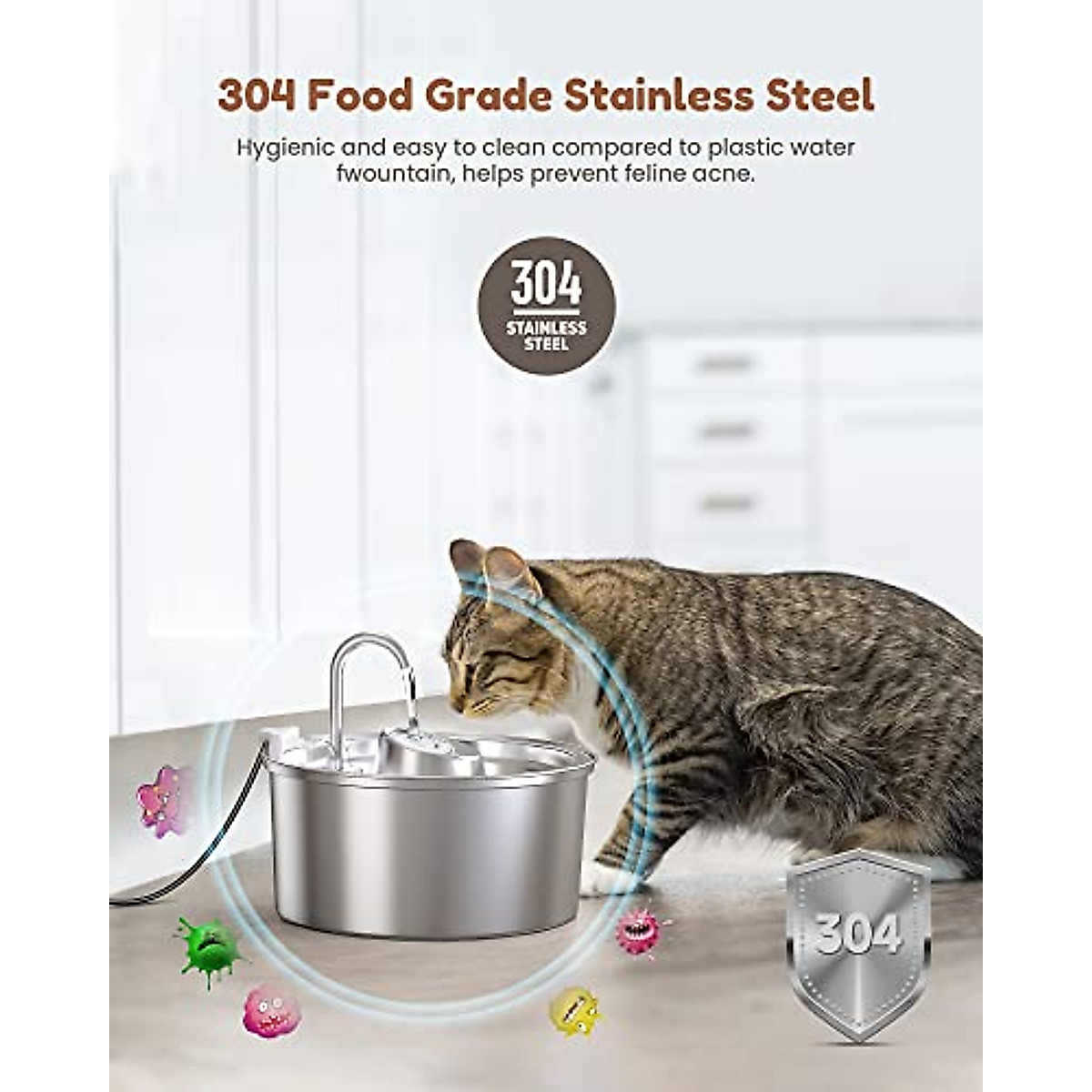 KOOGMOON Cat Water Fountain Stainless Steel, 108oz/3.2L Automatic Cat Fountain, Multi-Filtration, Easy to Clean, Ultra Silent Dog Water Dispenser for Cats, Dogs and Other Pets