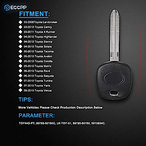 ECCPP 1X Uncut Ignition Key Fob Replacement for 03-11 for Toyota Landcruiser Camry 4 Runner Highlander Sienna Solara Tacoma Avalon Corolla Matrix Rav4 Sequoia Tundra Yaris Venza TOY44DPT 89785-60160C