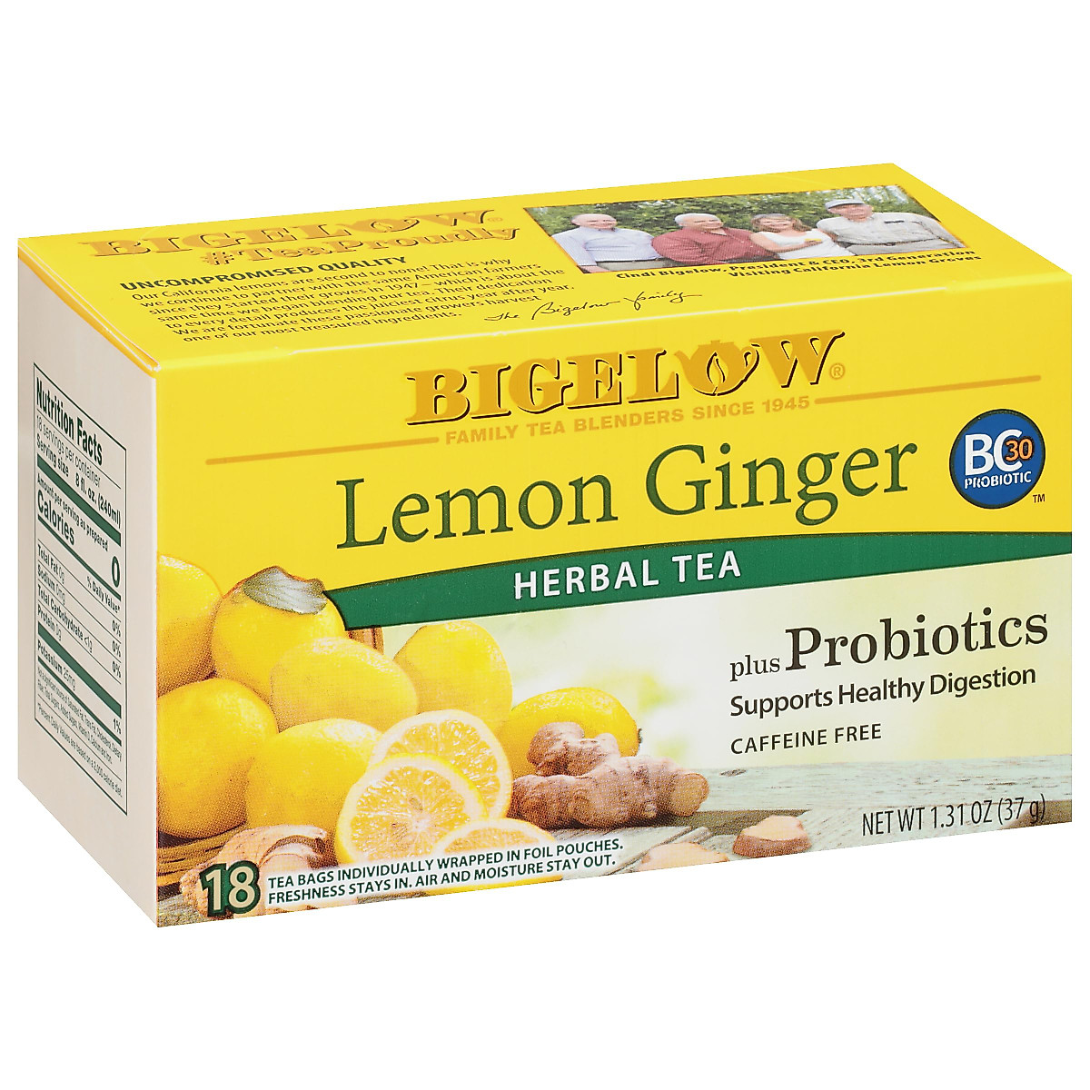 Bigelow Lemon Ginger plus Probiotics Herbal Tea, Caffeine Free, 18 Count (Pack of 6), 108 Total Tea Bags