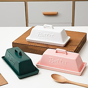 Porcelain Butter Dish with Lid, Candiicap Classic Matte Butter Keeper for Countertop, Large Butter Holder for Butter Storage, Dishwasher Safe (Matte Green)