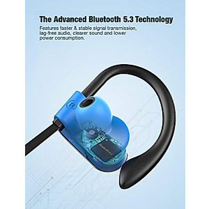 Otium Bluetooth Headphones, Wireless Earbuds IPX7 Waterproof Sports Earphones with Mic HD Stereo Sweatproof in-Ear Earbuds Gym Running Workout 15 Hours Battery Sound Isolation Headsets Blue