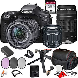 Canon EOS 90D DSLR Camera w/EF-S 18-55mm F/4-5.6 Zoom is STM Lens + 75-300mm F/4-5.6 III Lens + 128GB Memory + Case + Filters + Tripod + 3 Piece Filter Kit + More (26pc Bundle)