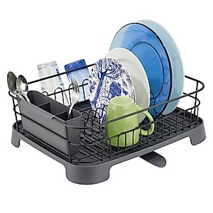 mDesign Alloy Steel Sink Dish Drying Rack Holder with Plastic Swivel Spout Drainboard Tray - Dish Rack/Dish Drainer Storage Organizer for Kitchen Counter - Concerto Collection - Matte Black/Slate