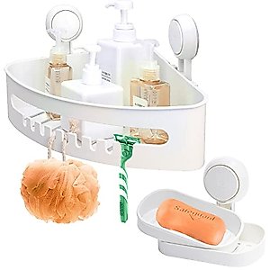 SWAMTIK Corner Shower Caddy with Soap Dish Suction Cup Shower Shelf for Shower Wall Corner Caddy No Drilling Shower Soap Holder for Bathroom Bathtub - White