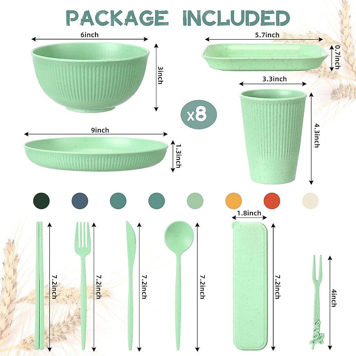 Sets of 8 Wheat Straw Dinnerware (64 Pcs) Microwave Safe Unbreakable Plates Bowls Cups Sets with Cutlery Utensils Colored Lightweight Plastic Dinnerware for Kids Adults Camping Picnic Dorm RV Kitchen