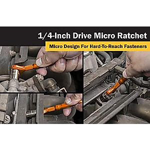 Titan 11322 1/4-Inch Drive x 4-Inch 90-Tooth Swivel Head Micro Ratchet - Orange