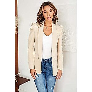 Asvivid Womens Tweed Blazers Casual Open Front Office Blazers Puff Sleeve Jackets Work Suit with Pockets Apricot,M