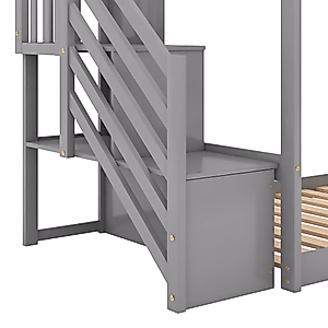 LostCat Low Bunk Beds,Twin Over Twin Bunk Bed with Convertible Slide and Stairway,Wood Bed Frame,Easy Assembly,No Box Spring Needed,Bunk Beds for Boys Girls and Adult(Grey)