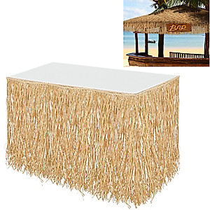 1 Pack Natural Raffia Table Skirt Luau Hawaiian Skirt Table Grass Beach Fringe Decoration for Tropical Birthday Party Tiki Bar, Chair Skirt, Deck Skirt, Luau Tropical Hawaiian Party (108 x 30 Inch)