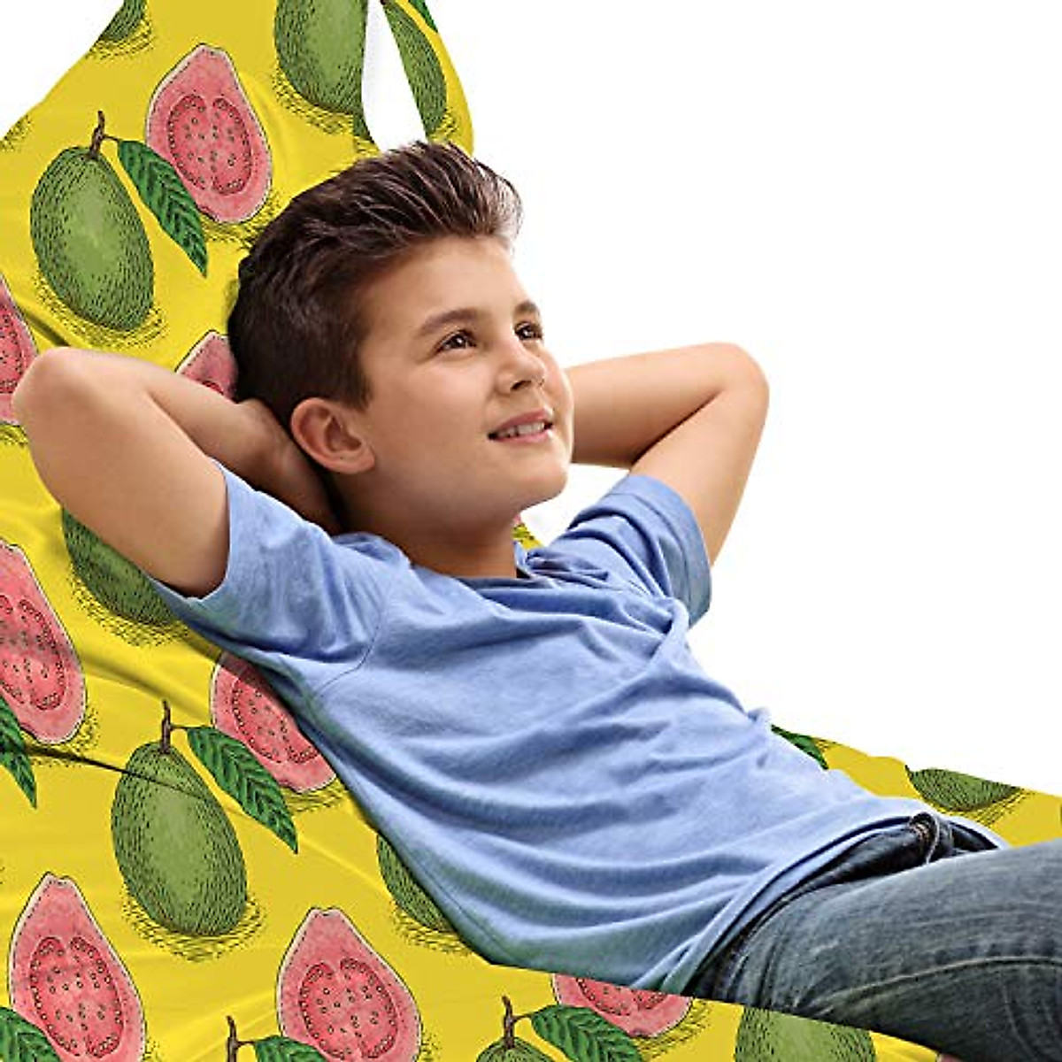 Ambesonne Tropical Lounger Chair Bag, Ripe Guava Fruits with Fresh Leaves Hand Drawn Agriculture Produce, High Capacity Storage with Handle Container, Lounger Size, Yellow Green
