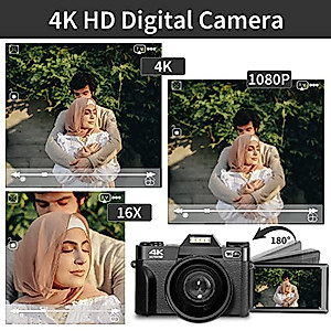 Digital Cameras for Photography, 4K 48MP Vlogging Camera for YouTube with WiFi, Manual Focus, 16X Digital Zoom, 52mm Wide Angle Lens & Macro Lens, 32GB TF Card and 2 Batteries