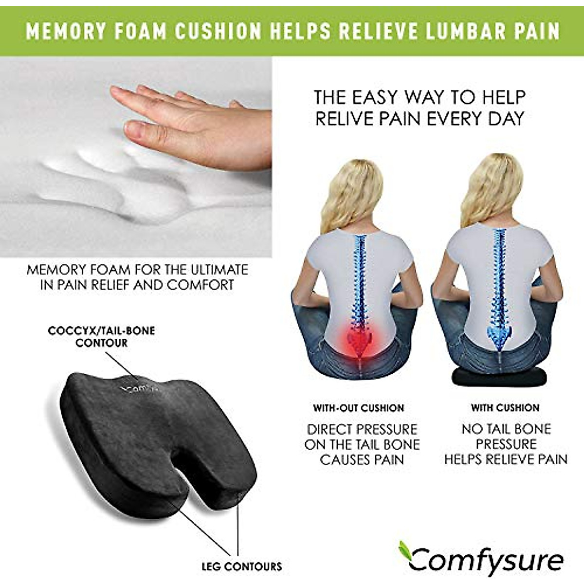 ComfySure Memory Foam Seat Cushion for Office Chair with Removable Microfiber Cover - Coccyx, Tailbone, Sciatica, Lower Back Support and Pain Relief - Fits Most Office, Computer Chairs and Car Seats
