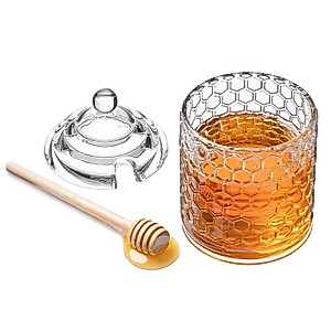 Royalty Art Glass Honey Pot with Beehive Lid and Wooden Dipper, 3 Pc. Set, Decorative Kitchen Accessory and Dispenser, Honeycomb Glassware, Reusable and Washable