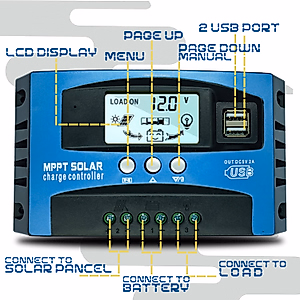 POWLSOJX 60A Solar Charge Controller 12V/24V Auto-Adapting, MPPT Technology, and Multiple Protection Features (60A)