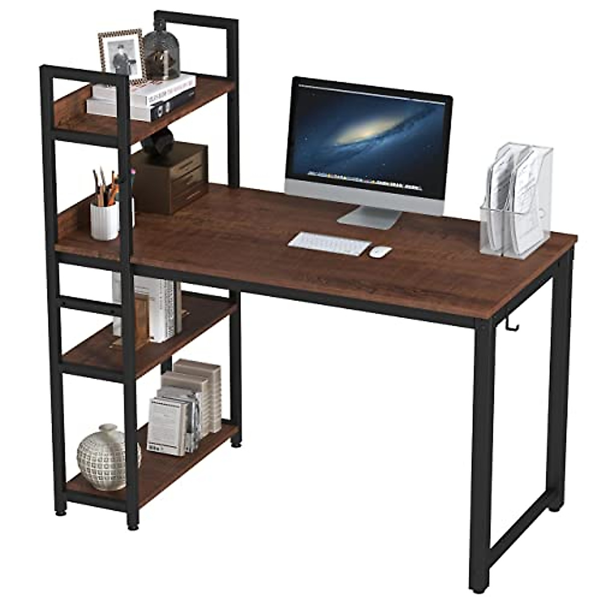 Napnapday 55 inch Computer Desk with Shelves, Desk with Storage Bookshelf Writing Table for Gaming Home Office Bedroom, Mahogany