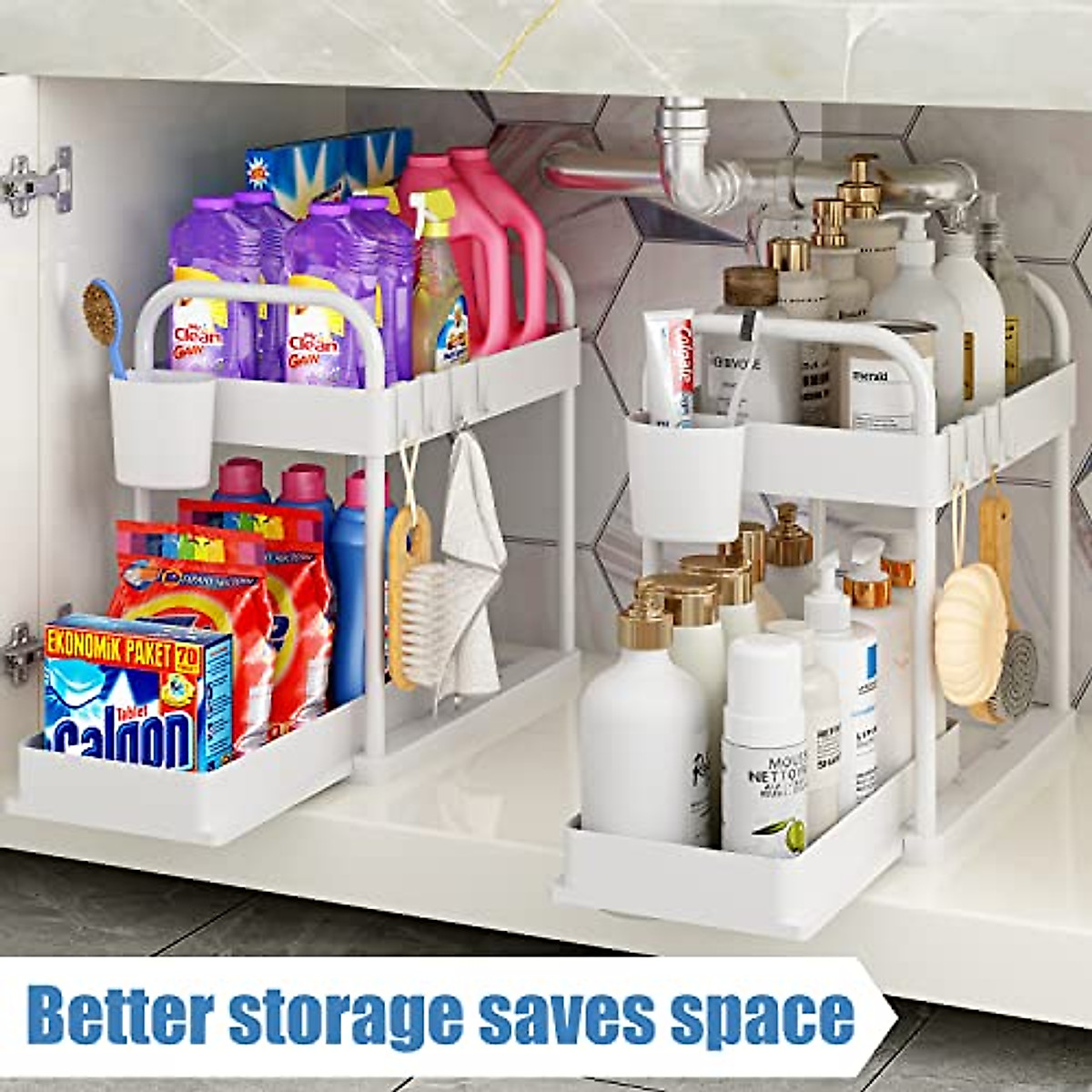 2 PACK Under Kitchen Sink Organizers and Storage, 2 Tier Under Sink Organizer for Bathroom Cabinet, Undersink Organizer Sliding Drawer with Hooks, Hanging Cup for Narrow Space By SMATHOM, White