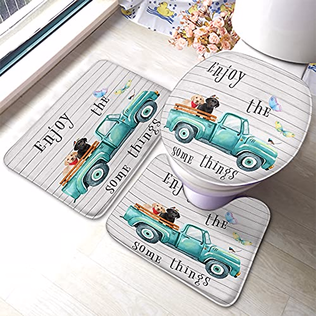 WONDERTIFY Turquoise Truck Bathroom Antiskid Pad Old Car Two Standing Labrador Puppy Dogs 3 Pieces Bathroom Rugs Set, Bath Mat+Contour+Toilet Lid Cover Brown Black