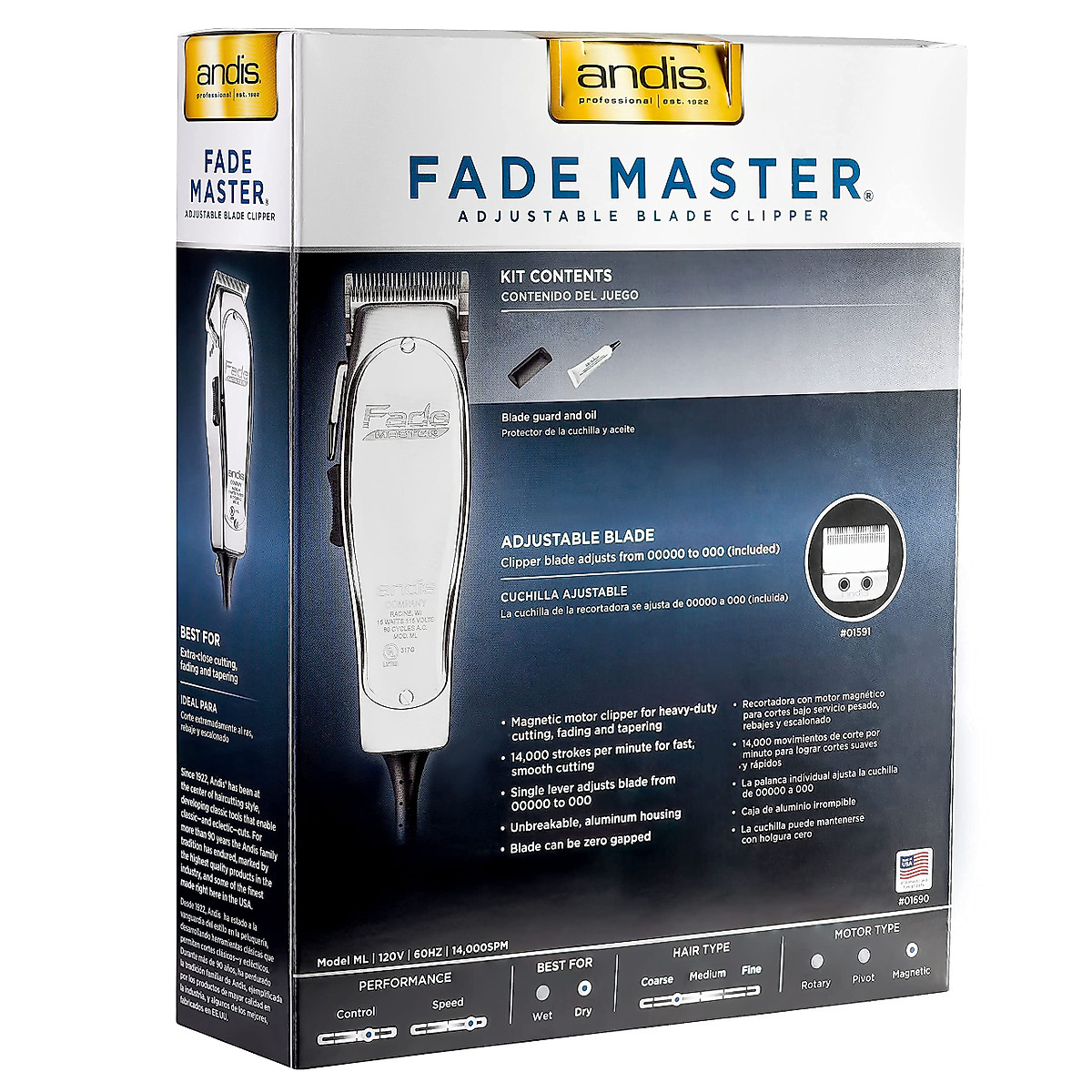 Andis Professional Fade Master Hair Clipper with Adjustable Fade Blade with a Andis Master Dual Magnet 5-Comb Set with a BeauWis Blade Brush