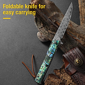 AUGENWEIDE Damascus Steel Pocket Knife, Abalone Handle, Damascus Knife with for Men, Great As Father's Valentine's Day Christmas Day Gift (C-ONLY A KNIFE)