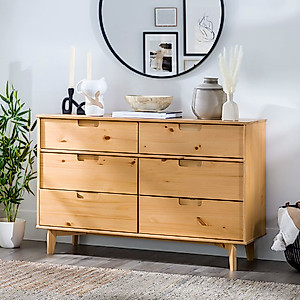Walker Edison Mid-Century Modern Grooved Handle Wood 6-Drawer Dresser, 52 Inch, Natural Pine