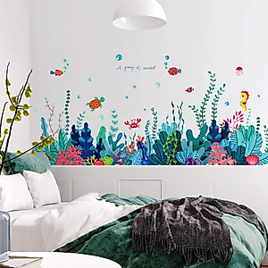 RW- 6794 Removable 3D Under The Sea View Grass Wall Decal DIY Ocean Coral Seaweed Wall Stickers Murals Peel and Stick Home Wall Decor for Kids Bedroom Bathroom Girl Nursery Wall Corner Decoration (A)