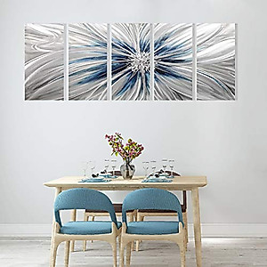 RICHSPACE ARTS Contemporary Metal Wall Art Blue and Silver Modern Sculpture Decor for Living Room 3d Flower Aluminum Artwork for Home and Office