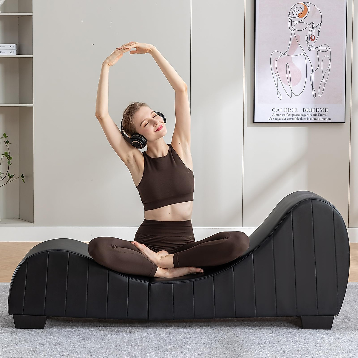 Purgreen Deluxe Faux Leather Yoga Chaise Lounge - Ultimate Comfort & Stylish Design for Relaxation, Exercise & Stretch, Sleek Chaise Lounge for Yoga 63D x 13W x 26H Inch Designed for Indoor (Black)