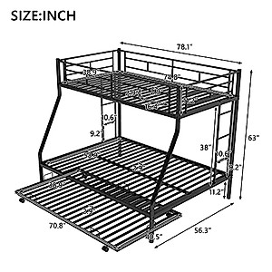 Harper & Bright Designs Bunk Bed with Trundle, Metal Bed Frame with Ladder, Safety Sturdy Guardrail for Kids, Teen, No Box Spring Needed (Twin Over Full,Black)