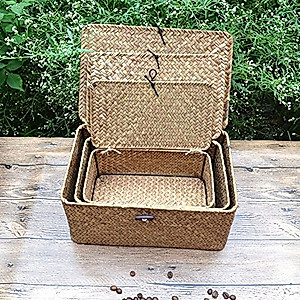 Seaweed Storage Basket Handwoven Storage Box with Lid Cosmetic Storage Box Laundry Basket Wicker Basket Storage Basket Box Wicker(L,Khaki)