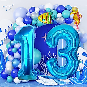 40 Inch Under the Sea Blue Number 1 Balloon, Mini Sea Animal Balloons Ocean Animal Foil Balloon, Seahorse Fish Balloons for Boys Girls Sea Theme 1st Birthday Baby Shower Party Decoration