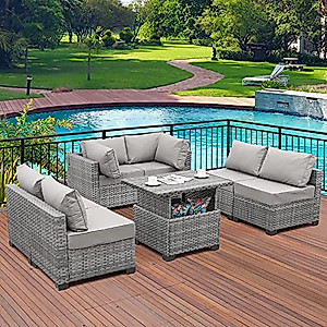Lviden 7 Pieces PE Wicker Patio Furniture Set Outdoor Sectional Conversation Sofa Set with Liftable Storage Table, Non-Slip Cushions and Furniture Cover, Light Grey