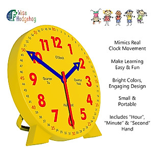 WISE HEDGEHOG Kids Telling Time Practice Learning Clock, 4 Inch Size Teaching Handheld Analog Clock, Geared Movement Makes Fingers Move Like Real Clocks, for School Classrooms and Homeschool Supplies