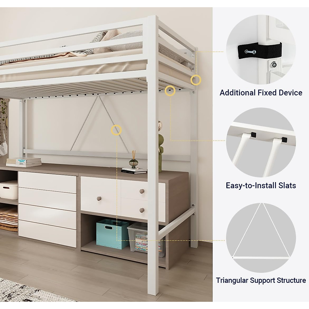 Allewie Metal Loft Bed Twin Size with Full Length Guardrail, Space-Saving Design for Dorm, No Box Spring Needed, Matte White
