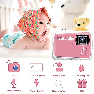 Kids Camera,21MP HD 3M Waterproof Digital Camera Kids,Kids Waterproof Camera 2.0 Inch LCD Display,8X Digital Zoom,Flash and Mic for Kids Boys Girls Gift(Pink)