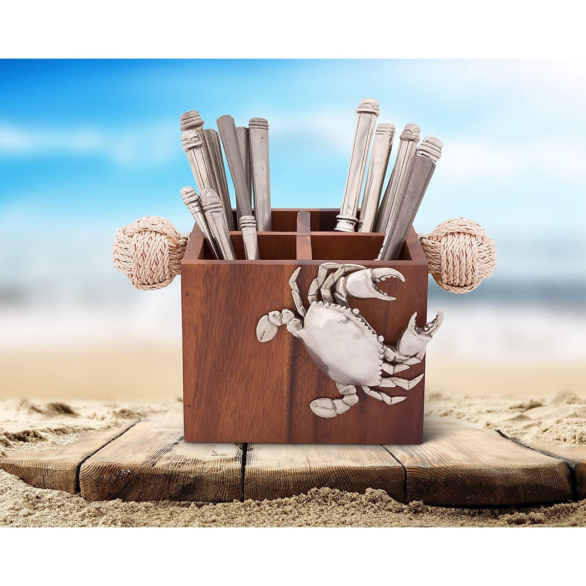 Vagabond House Caddy Square Acacia Wood Flatware / Serve ware / Utensil / Carry-All Holder with Solid Pewter Crab Accent and Real Rope Handles, 4 Compartments 11 inch x 8 inch