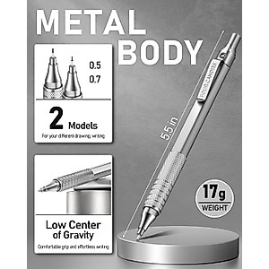 Four Candies 4PCS Metal Mechanical Pencils Set with Case, 0.5mm & 0.7 mm Artist Pencil with 8 Tubes (480PCS) HB Lead Refills, 3 Erasers,9 Eraser Refills For Writing Drafting, Drawing, Black&Sliver