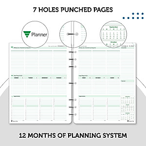 Planner Pad 7 Hole Loose Leaf 3-Tier Funnel Down 12 Month Organizer, Oct 1st Start (Oct 2023 - Sept 2024), Soft Green Ink, 8 1/2" x 11”