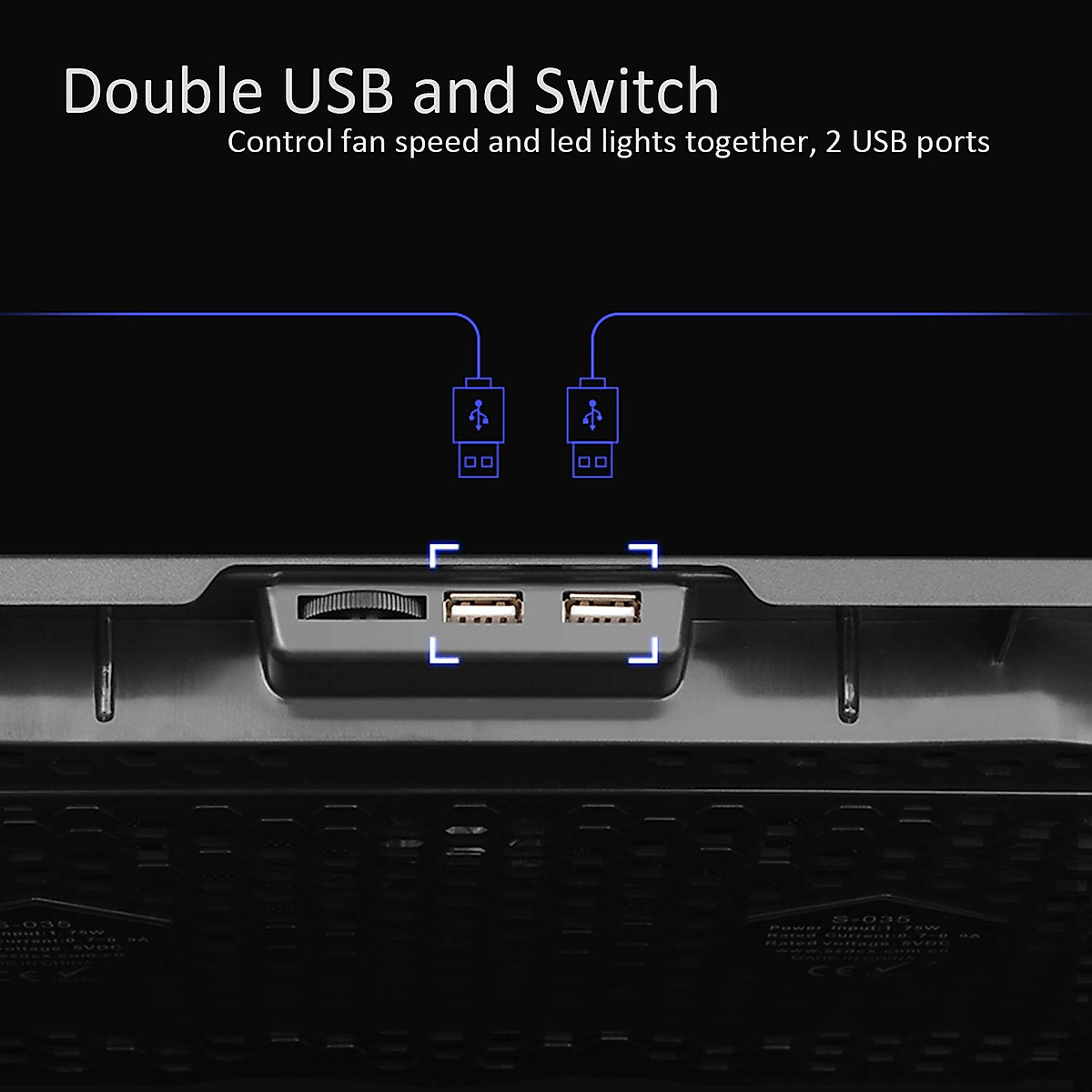 AICHESON Laptop Cooling Pad 5 Fans Up to 17.3 Inch Heavy Notebook Cooler, Blue LED Lights, 2 USB Ports, S035, Blue-5fans