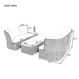 XD Designs 5-Piece Outdoor Patio Daybed Convertible Sofa Set, All-Weather PE Wicker Conversation Set with Washable Cushions and Liftable Coffee Table for Garden Backyard Poolside (Beige+HD)
