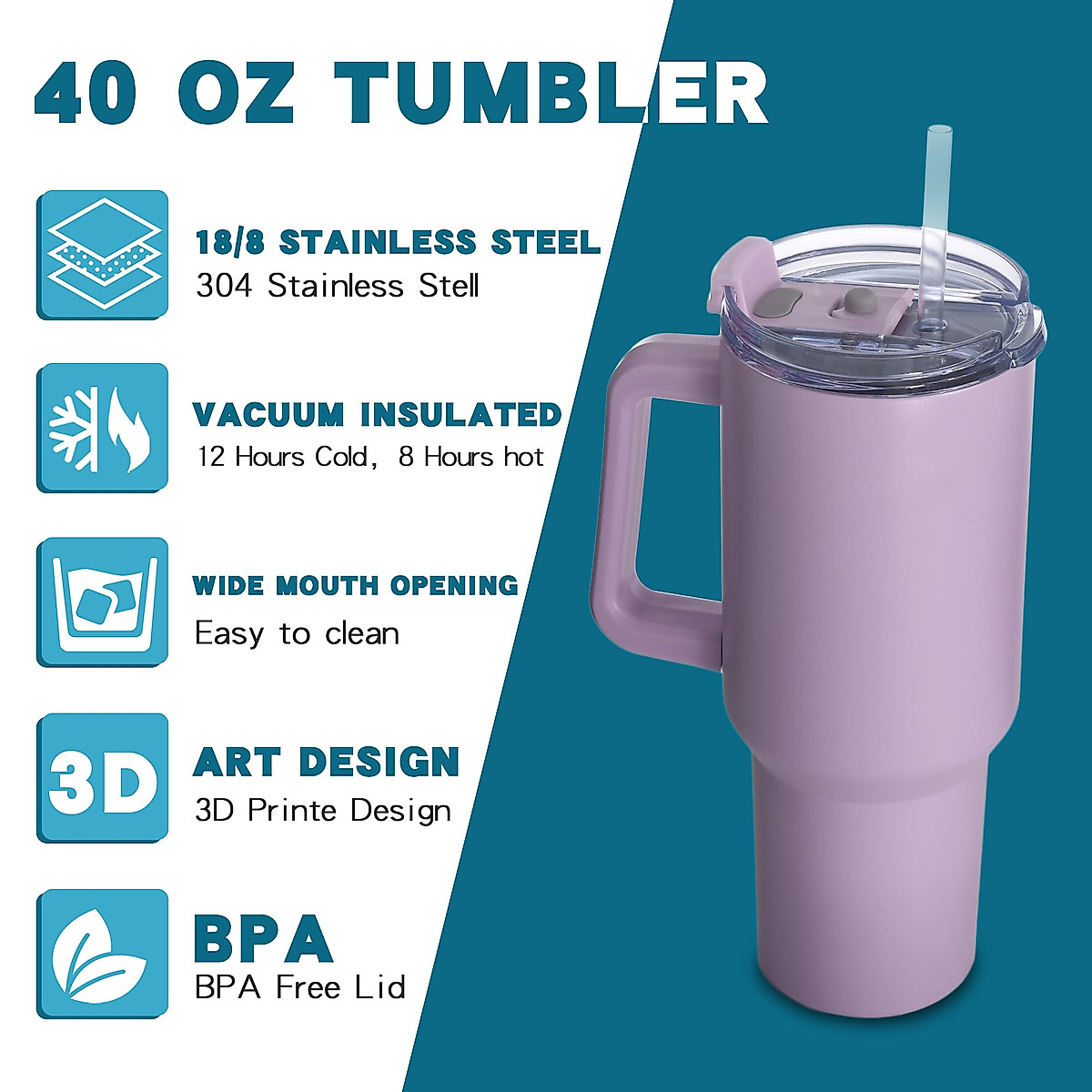 Gome 40 oz Tumbler with Handle - Stainless Steel Cup with Straw - Insulated Coffee Mug with Lid - Daisy Birthday Gifts for Women - Hand Wash Only Lavender purple