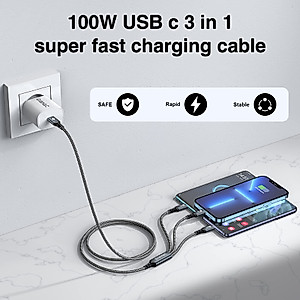 GIANAC 100W USB C Multi Charging Cable [1.2M] 3 in 1 Charging Cable with E-Mark Chip, USB C [100W]+Lightning[27W]+Micro[10W] for Samsung S23,iPad Pro, iPad Mini, MacBook Pro/Air/iPhone14 13 12 11