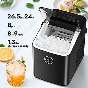 ZAFRO Countertop Ice Makers,Ice Maker Machine 8 Bullet Ice of 2 Sizes in 9 Mins, 26.5lbs/24H, Portable Ice Maker Self-Cleaning,with Scoop,Handle and Basket,Black