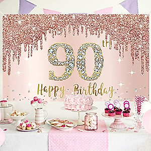 Happy 90th Birthday Banner Backdrop Decorations for Women, Rose Gold 90 Birthday Party Sign Supplies, Pink 90 Year Old Birthday Poster Background Photo Booth Props Decor