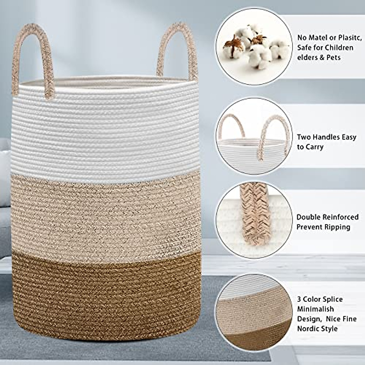 Astarama Laundry Baskets, Laundry Hamper, Large Woven Cotton Rope Storage Basket with Handles, Dirty Clothes Hamper Decorative Basket Organizer for Living Room, Nursery, Bedroom