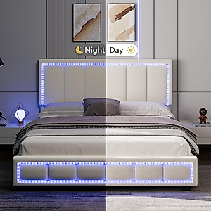 King Size Bed Frame, Upholstered LED Bed Frame with 4 Storage Drawers, Platform Bed with Adjustable Headboard, Solid Wooden Slats Support, No Box Spring Needed, Off White