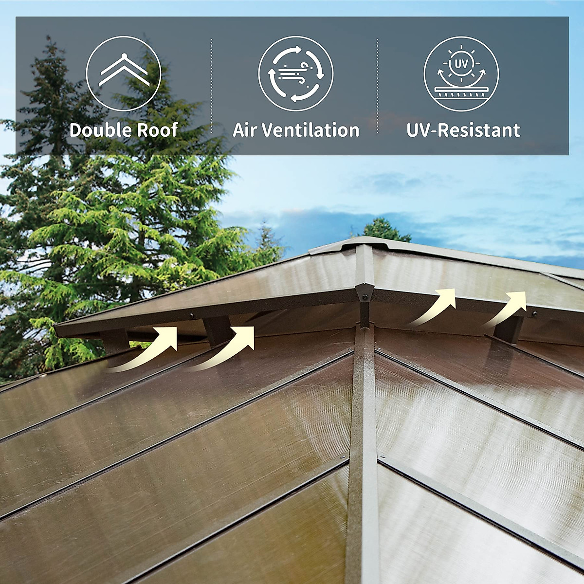 Domi 10' X 12' Hardtop Gazebo, Permanent Outdoor Gazebo with Polycarbonate Double Roof, Aluminum Gazebo Pavilion with Curtain and Net for Garden, Patio, Lawns, Deck, Backyard, Wood Looking